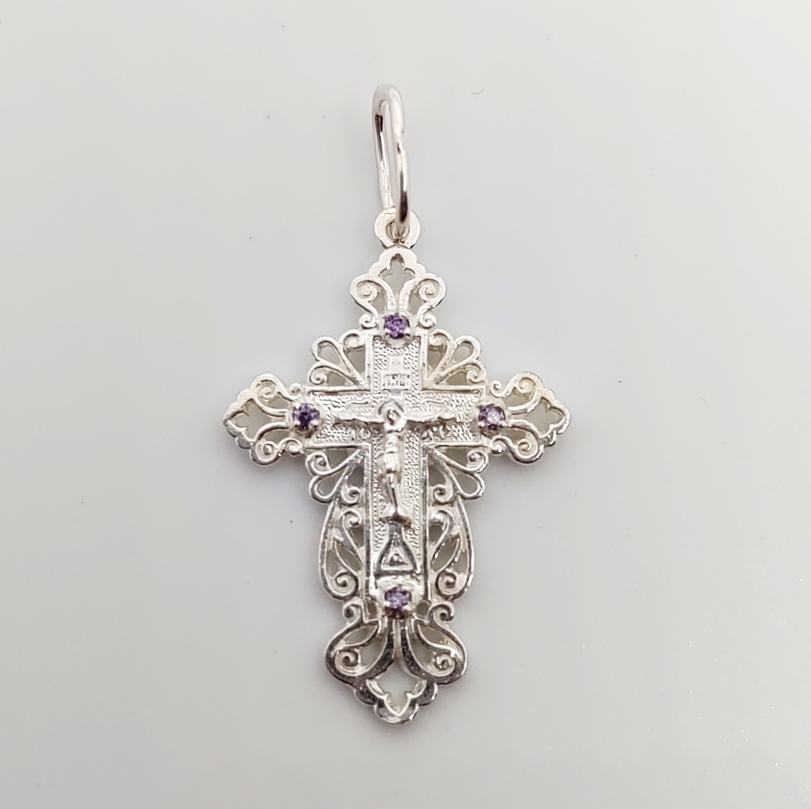 Silver cross with crucifix and purple stones - filigree - Holy ...